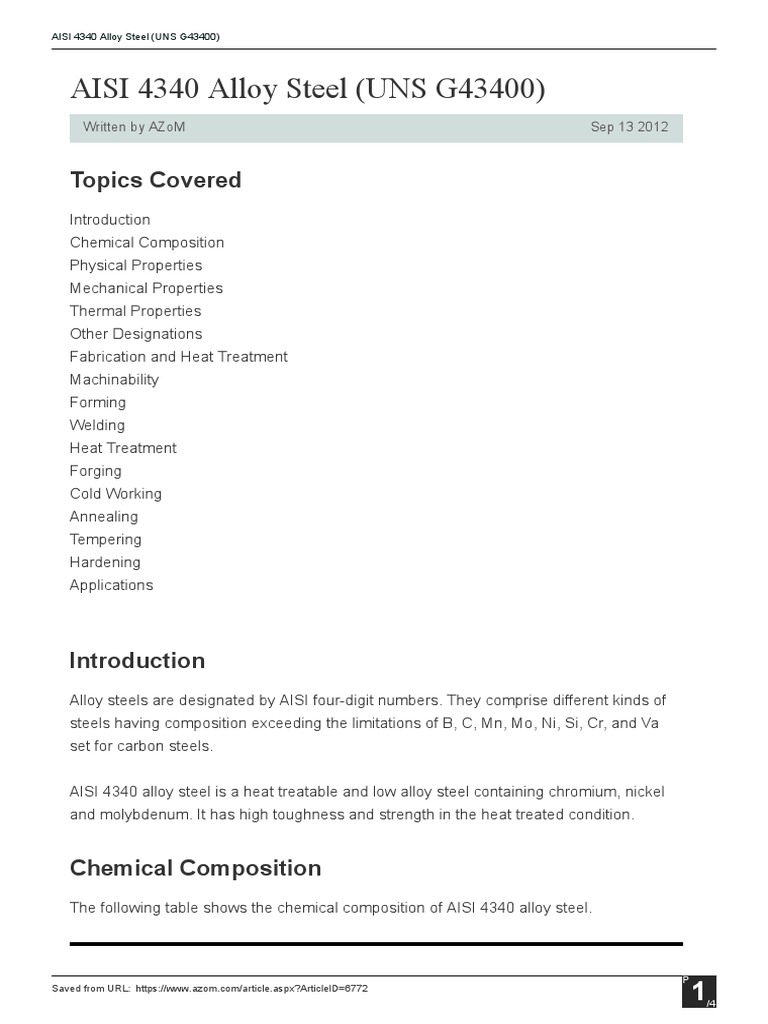 Aisi 4340 Alloy Steel (Uns g43400) | PDF | Heat Treating | Annealing ...