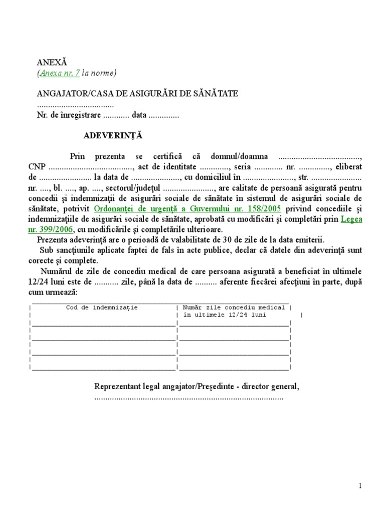 Anexa 7 - Adeverinta Cu Numarul de Zile de Concediu Medical Pentru Salariat | PDF