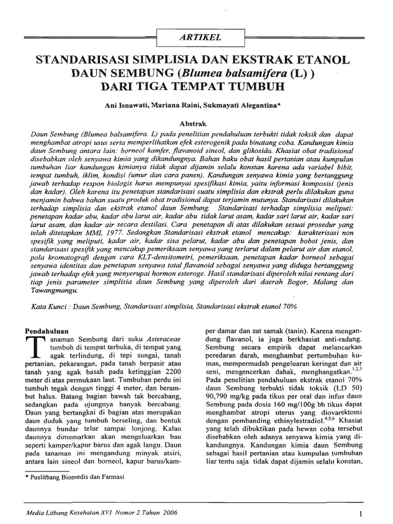 STANDARISASI SIMPLISIA DAN EKSTRAK ETANOL DAUN SEMBUNG (Blumea Balsamifera (L) ) DARI TIGA ...