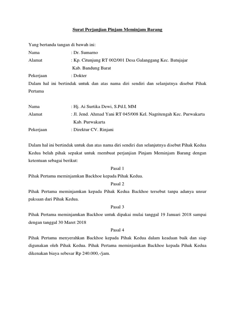 Surat Perjanjian Pinjam Meminjam Barang | PDF