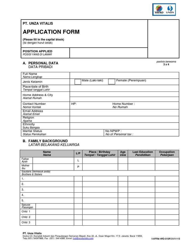Application Form PT Unza Vitalis 2013 | PDF