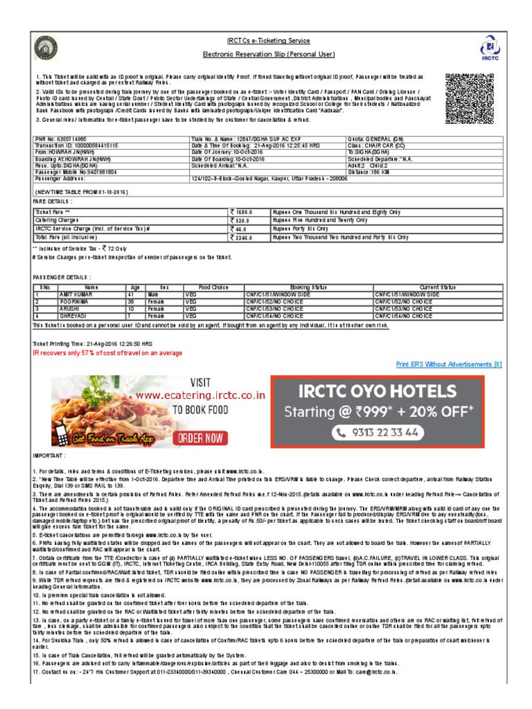 Irctcs E Ticketing Service Electronic Reservation Slip (Personal User ...