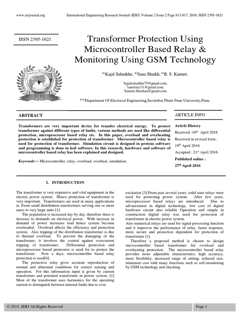 Transformer Protection Using Microcontroller Based Relay And Monitoring Using Gsm Technology Pdf