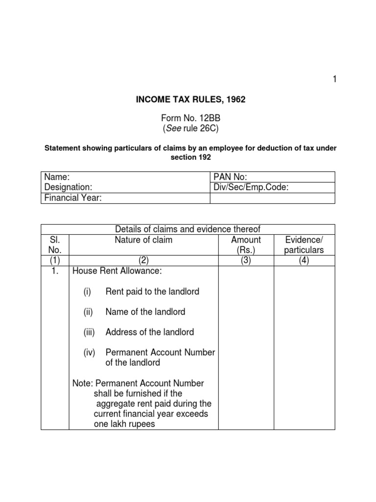 Income Tax Rules, 1962: Statement Showing Particulars of Claims by An ...