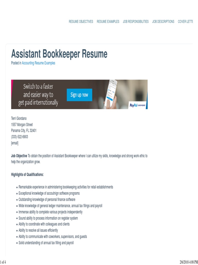Assistant Bookkeeper Resume Sample - Best Format - Great Sample Resume ...