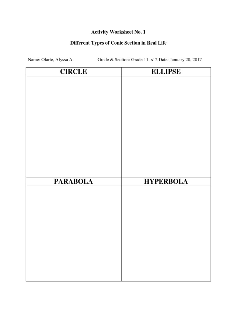 Circle Ellipse: Activity Worksheet No. 1 Different Types of Conic ...