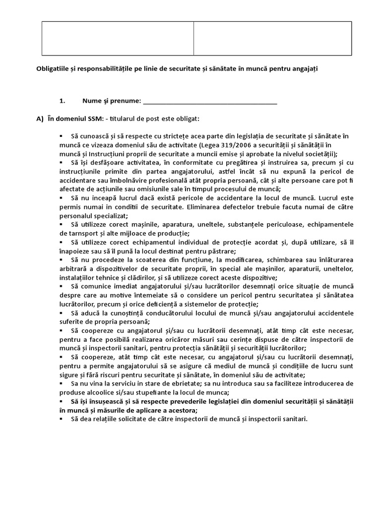 Anexa Fisa Post SSM Si Su | PDF