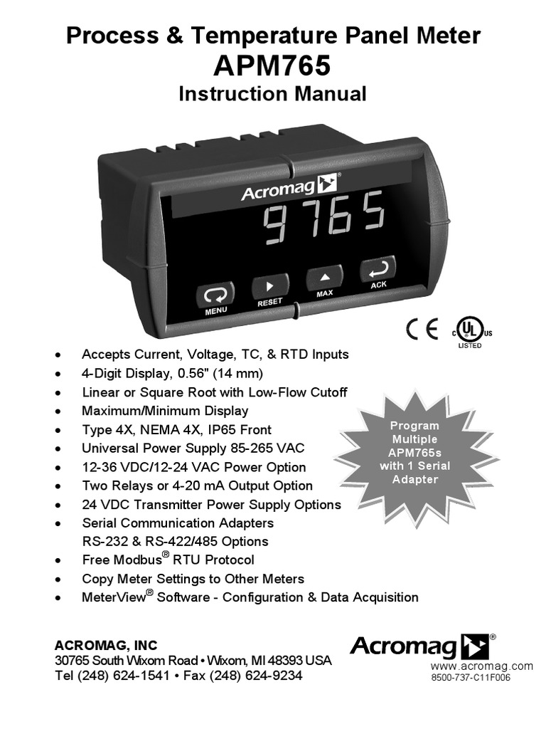 Acromag Process and Temperature Panel Meter APM765 - 737c User Manual | PDF | Relay | Electrical ...
