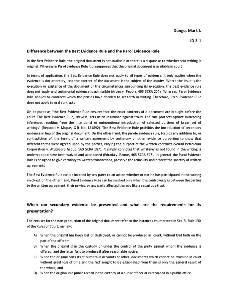 Best Evidence Rule and Parol Evidence | PDF | Parol Evidence Rule ...