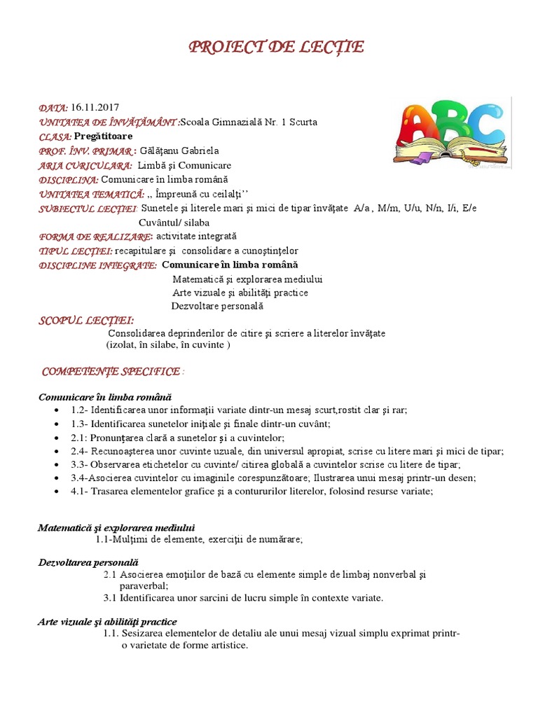 Proiect de Lectie ROMANA, Consolidare Literele A-E | PDF