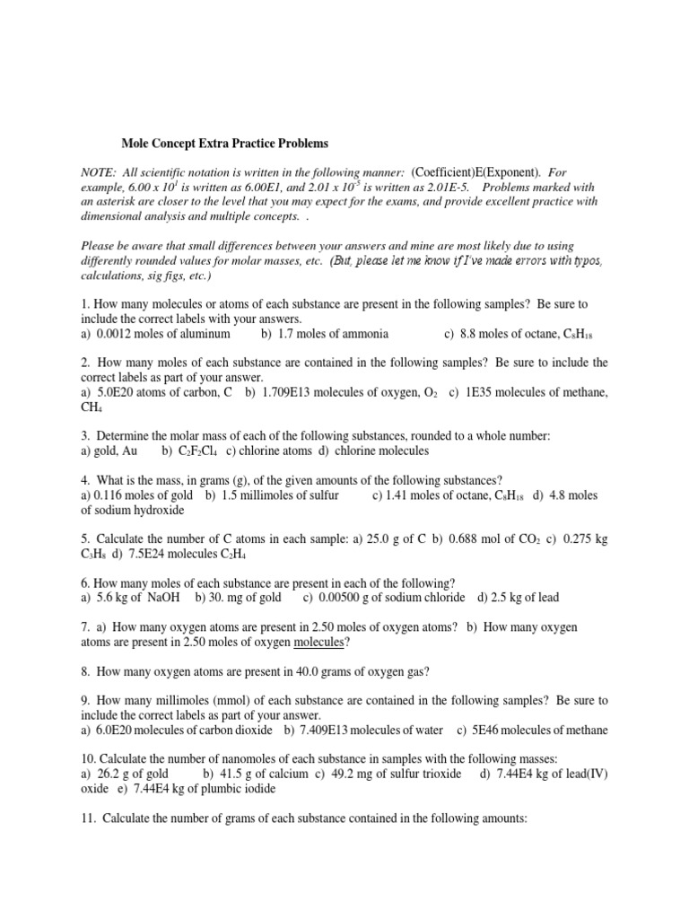 Mole Concept Practice Problems | PDF | Mole (Unit) | Chemical Compounds