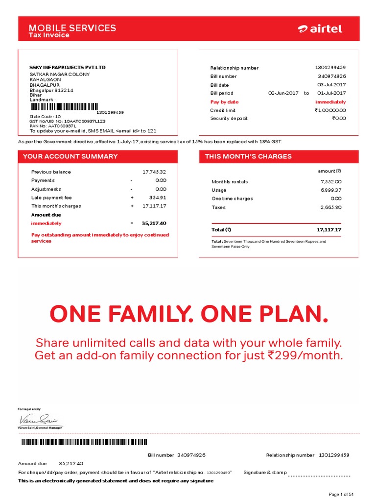 Airtel Mobile Services Tax Invoice | PDF | Roaming | Invoice