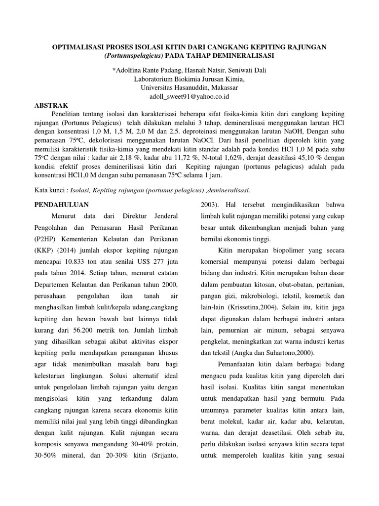 Optimalisasi Proses Isolasi Kitin Dari Cangkang Kepiting Rajungan | PDF