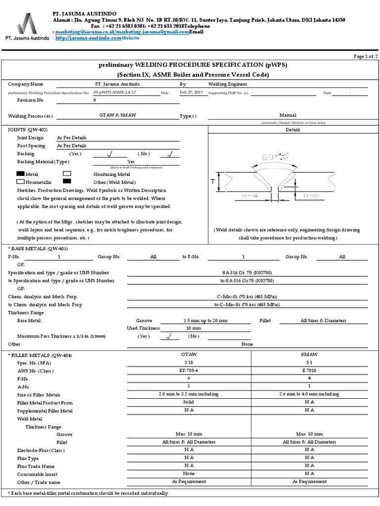 Pwps Asme Gtaw & Smaw | PDF | Welding | Construction