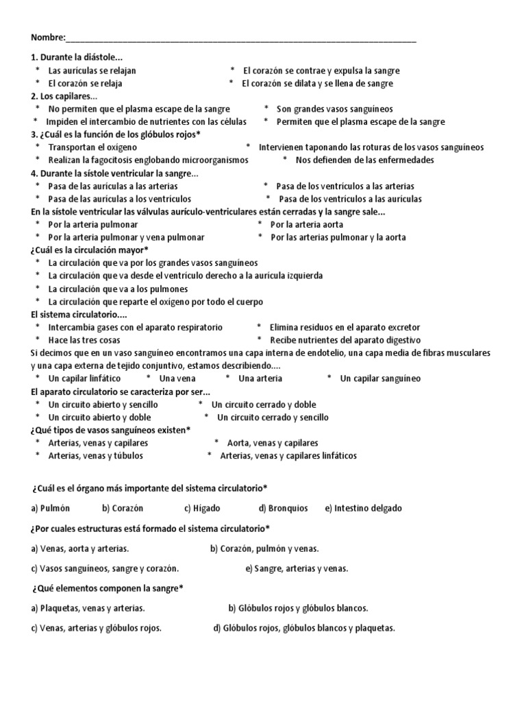 Seleccion Multiple S. Circulatorio | PDF | Sistema circulatorio | Artería
