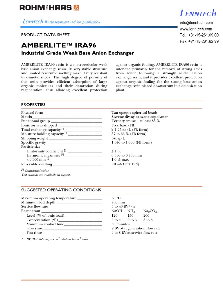 Amberlite IRA 96 L | PDF | Ion Exchange | Flow Measurement