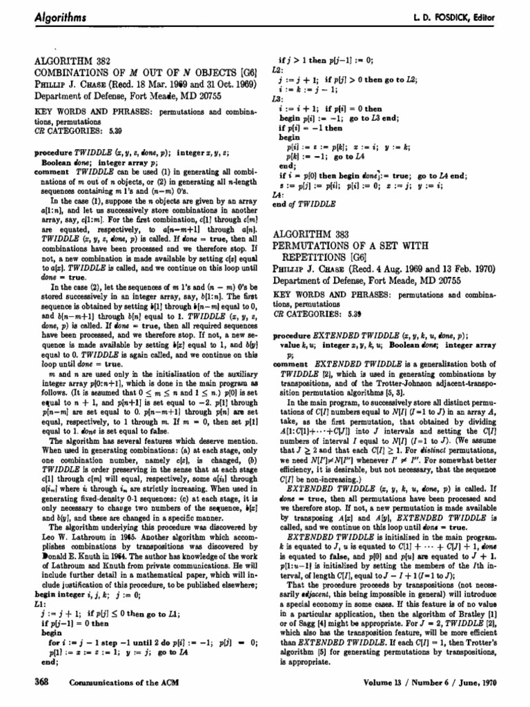 J.chase - Algorithm 382 (Twiddle) (1970) | PDF | Permutation | Integer