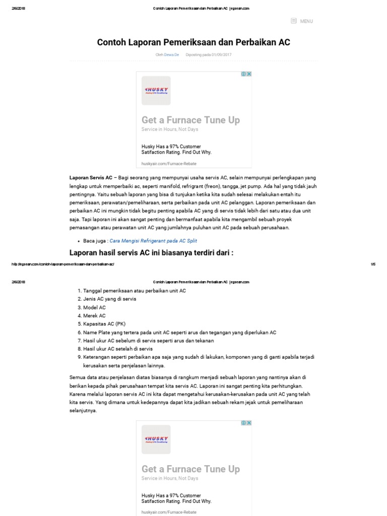 Contoh Laporan Pemeriksaan Dan Perbaikan AC - Egsean | PDF