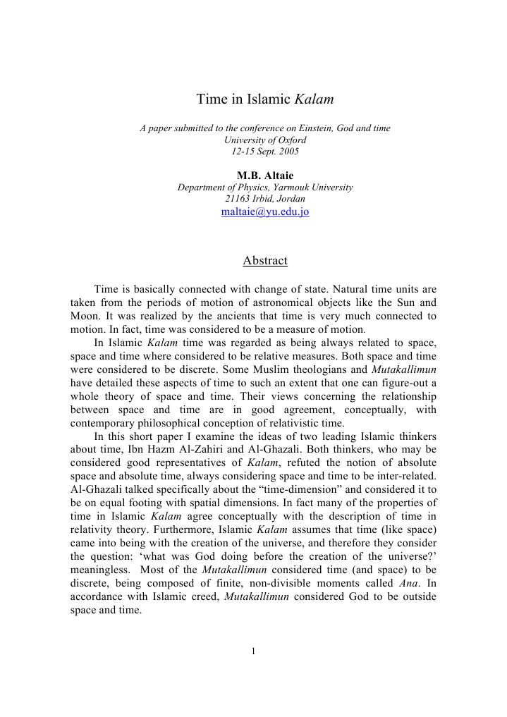 Islamic Kalam: Time and Space Concepts | PDF | Time | Islamic Philosophy