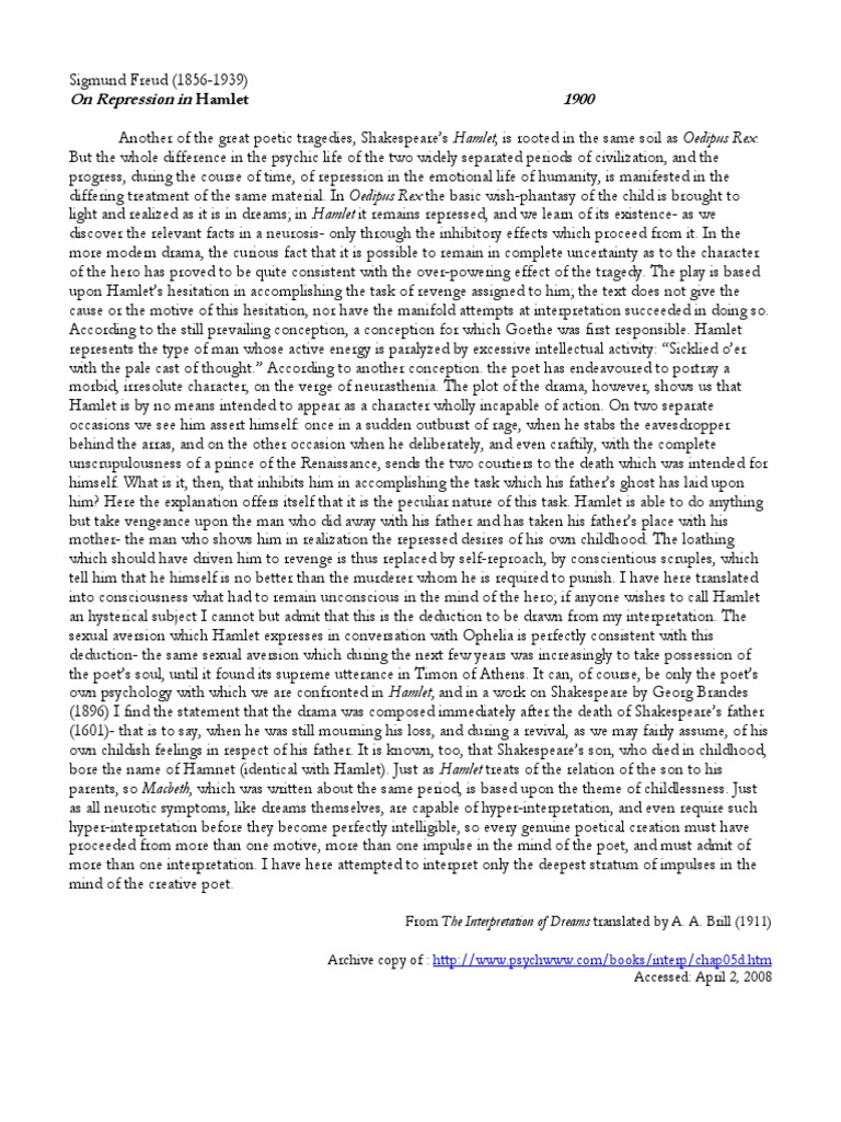 Repression Hamlet Freud | PDF | Hamlet | Sigmund Freud