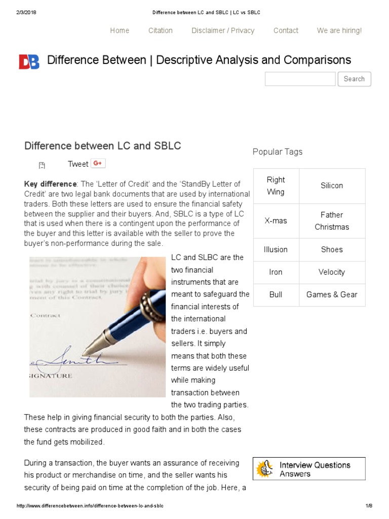 Difference Between LC and SBLC - LC Vs SBLC | PDF | Letter Of Credit ...