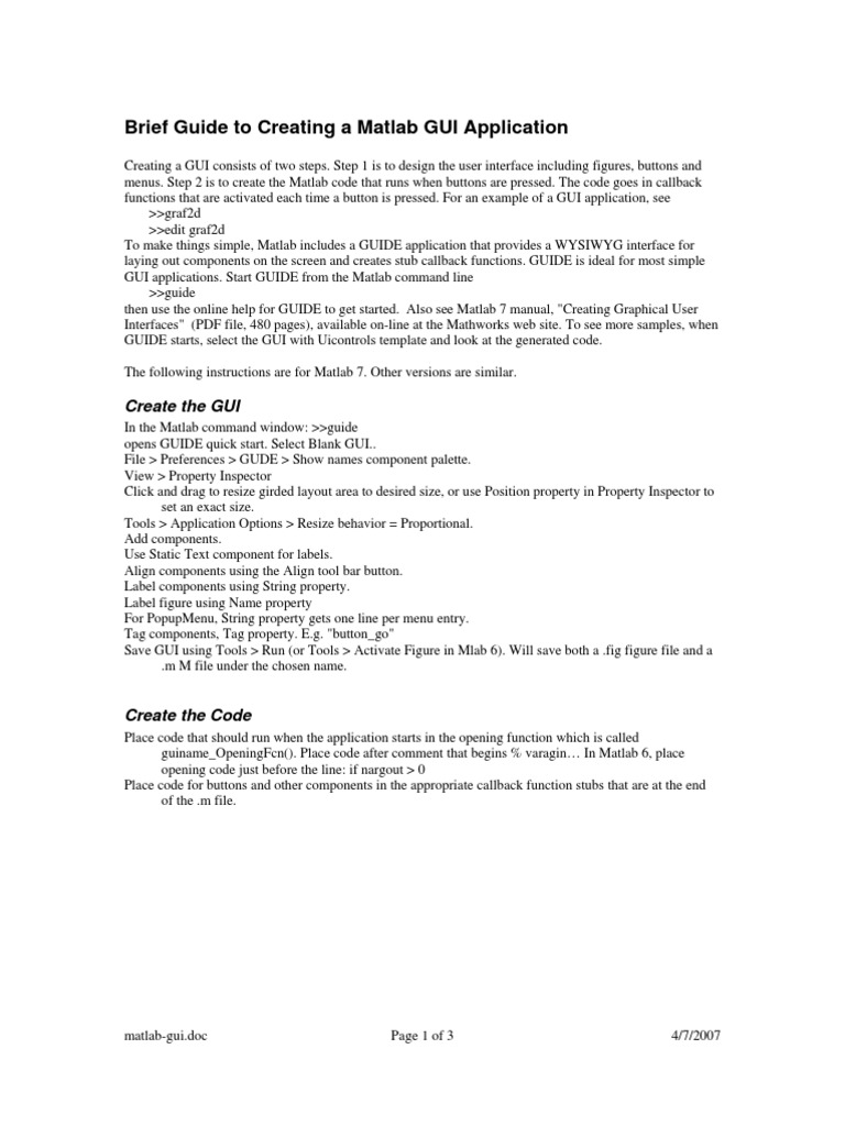 Brief Guide To Creating A Matlab GUI Application | PDF | Graphical User Interfaces | Matlab