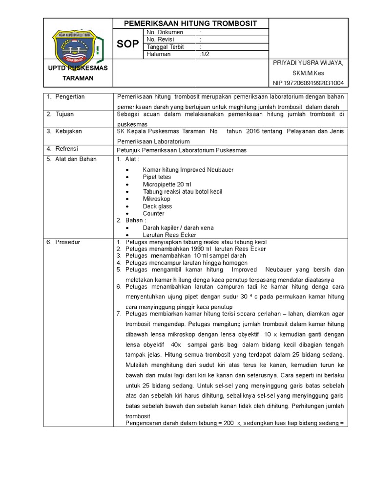 Sop Pemeriksaan Hitung Trombosit | PDF