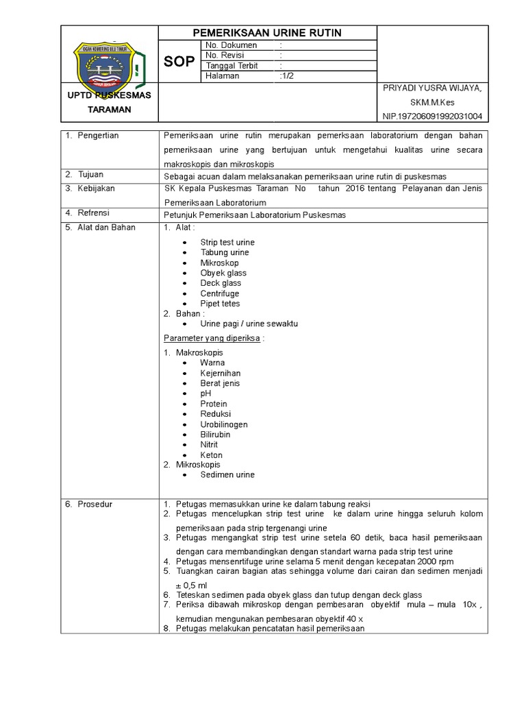 SOP Pemeriksaan Urine Rutin Puskesmas | PDF