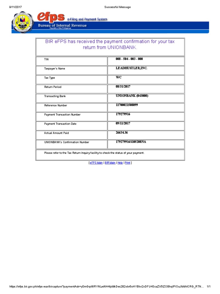BIR eFPS Has Received The Payment Confirmation For Your Tax Return From ...