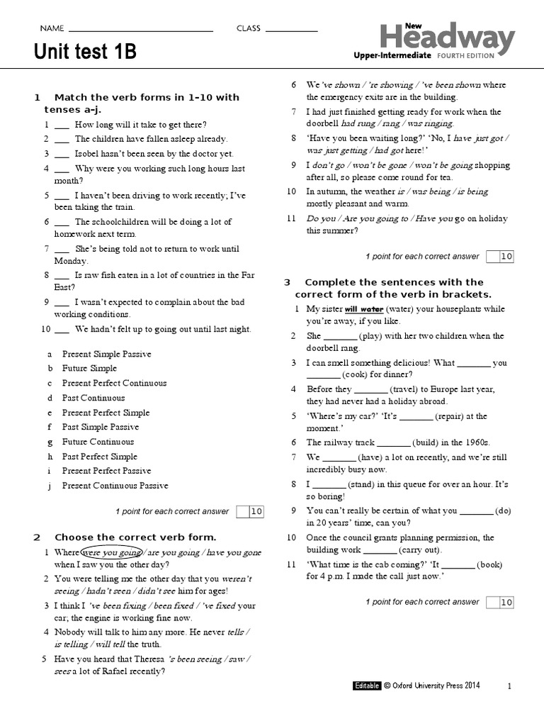 Unit Test 1B: 1 Match The Verb Forms in 1-10 With Tenses A-J | PDF ...
