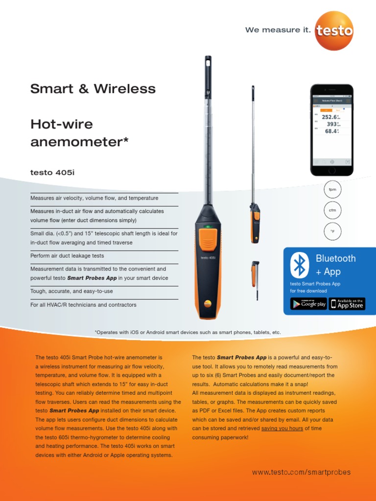 Smart & Wireless Hot-Wire Anemometer : Testo 405i | PDF | Mobile App ...