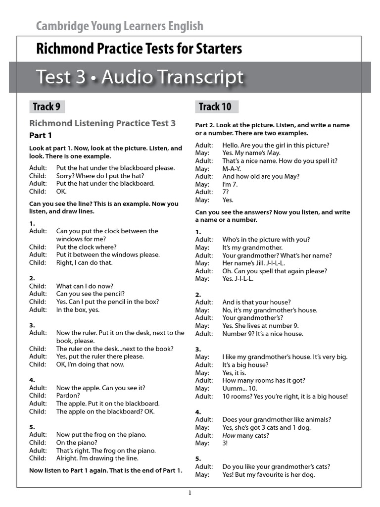 Test 3 - Audio Transcript: Richmond Practice Tests For Starters | PDF ...
