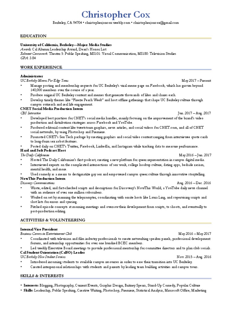 Christopher Cox Website Resume | PDF | Social Media | Popular Culture ...