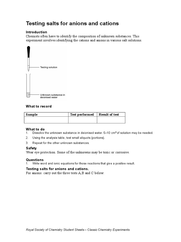 Testing Salts For Anions and Cations | PDF | Hydroxide | Salt (Chemistry)