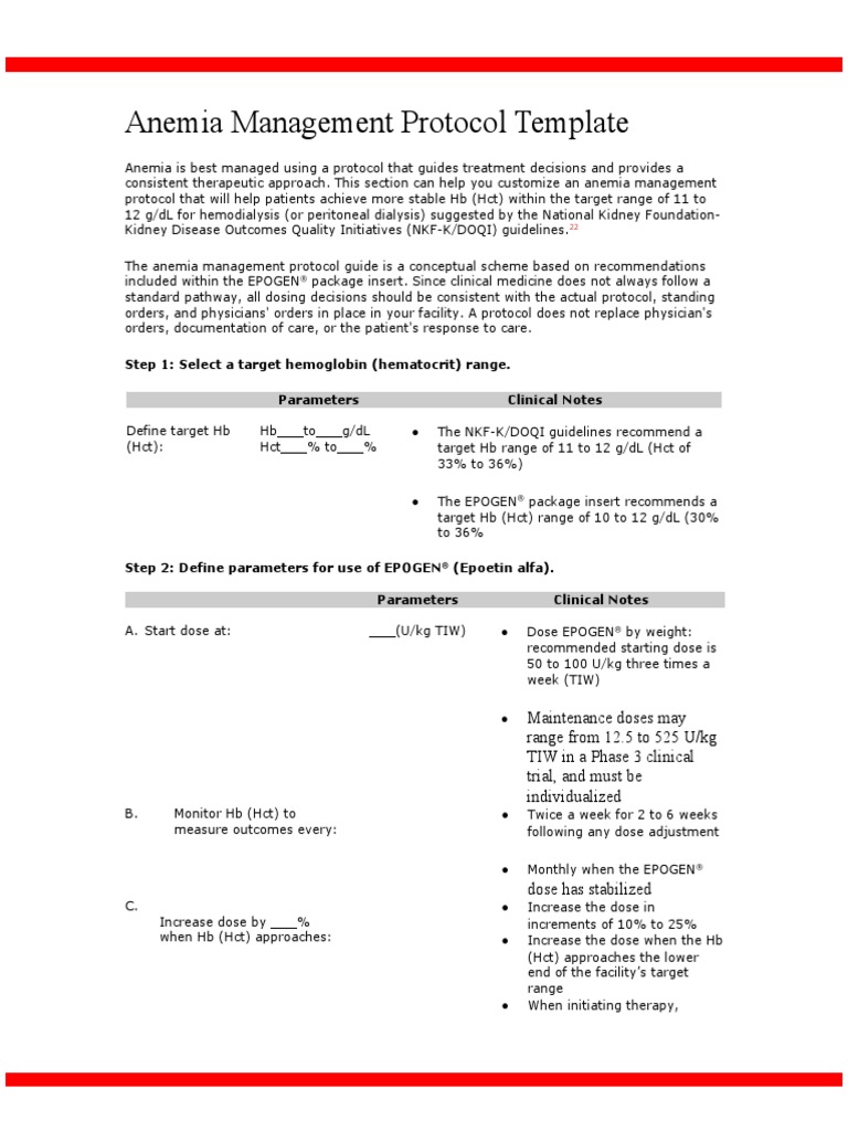 Anemia Management Protocol Template: Step 1: Select A Target Hemoglobin ...
