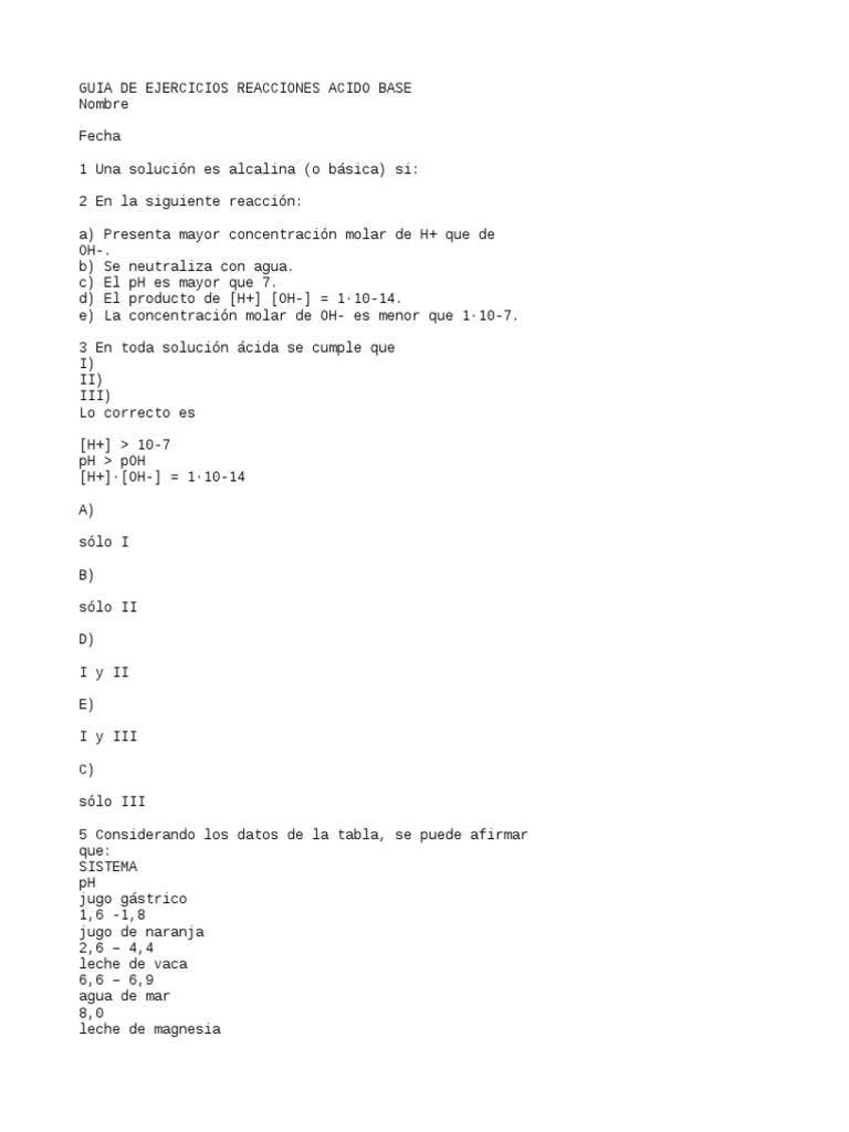 Guia de Ejercicios Acido Base PDF | PDF | Ph | Ácido