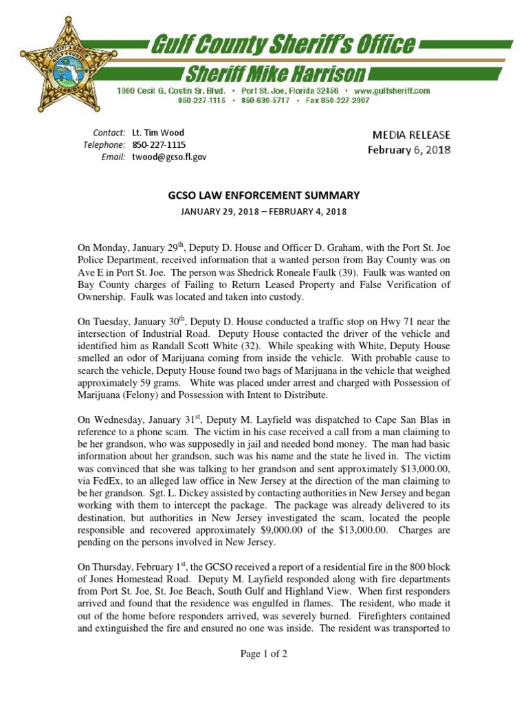Gcso Law Enforcement Summary: Media Release February 6, 2018 | PDF ...
