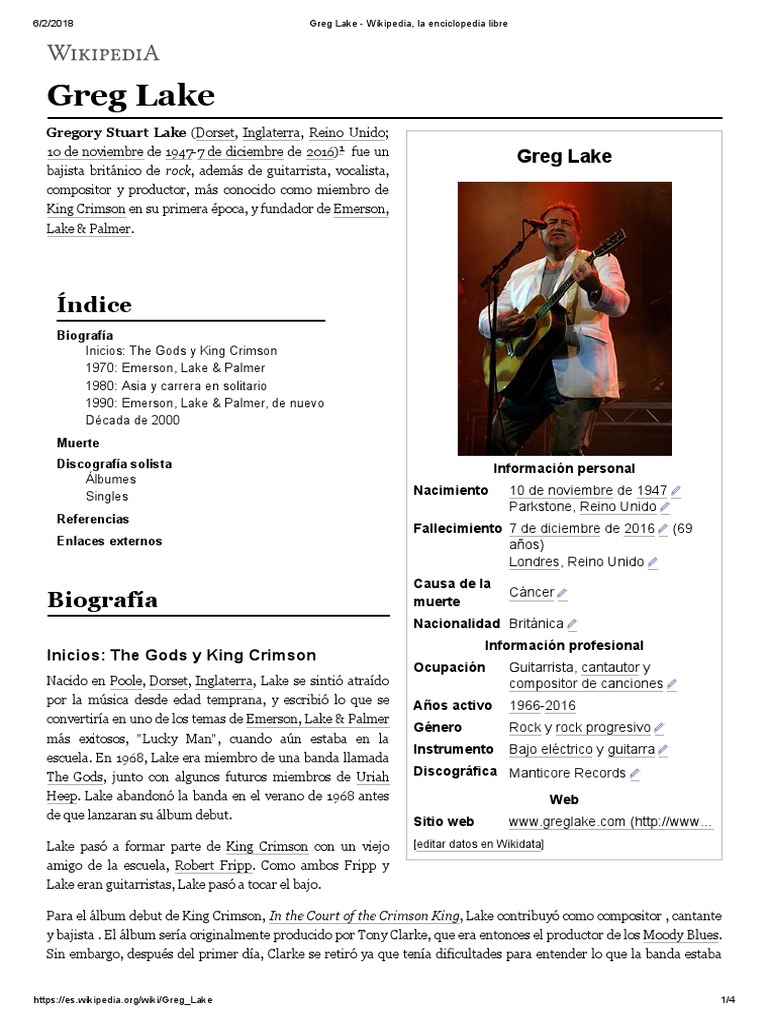 Greg Lake - Wikipedia, La Enciclopedia Libre | PDF | Músicos | Ocio