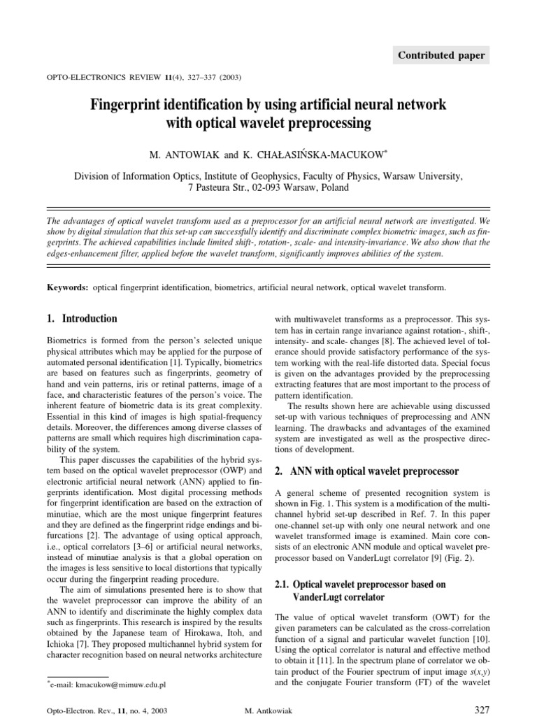 Fingerprint Identification by Using Artificial Neural Network With Optical Wavelet Preprocessing ...