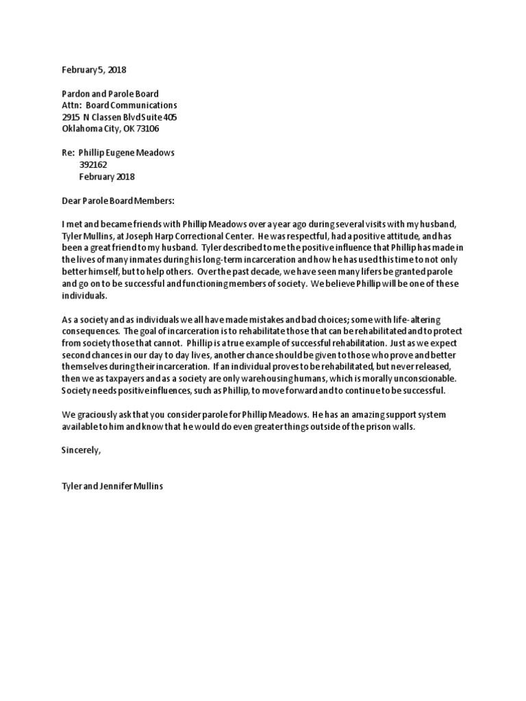 Letter of Support - Jennifer and Tyler Mullins | PDF | Parole | Penology