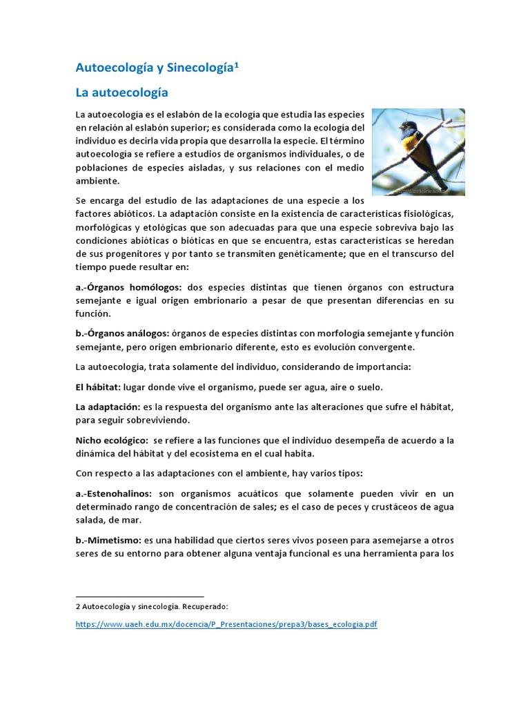 Autoecología y Sinecología: Conceptos Clave | PDF | Organismos | Habitat