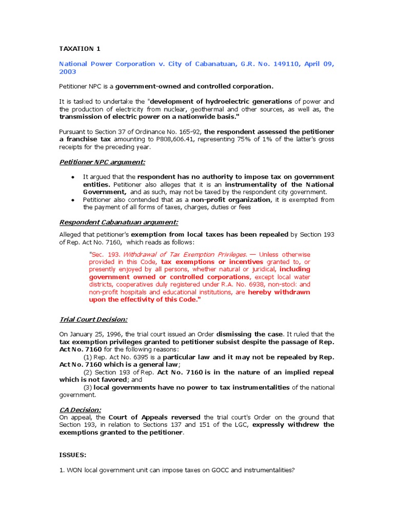 NPC Exempt from Local Franchise Tax | PDF | Excise | Taxation