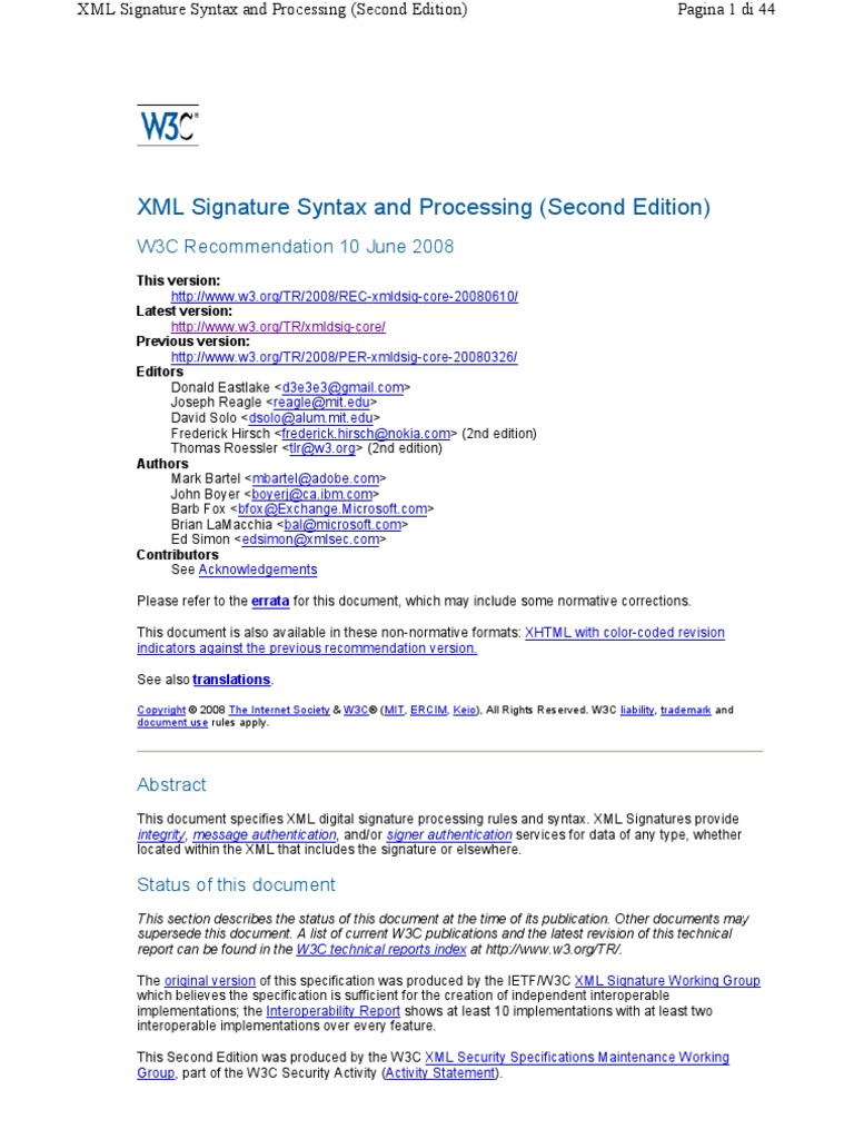 XML Signature Syntax and Processing (Second Edition) | PDF | Xml | Xml Schema