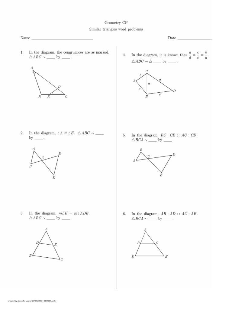 Similar Triangles Word Problems Worksheet | PDF