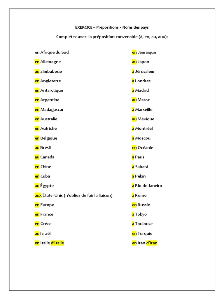 EXERCÍCIOS FRANCÊS - Prépositions + Noms Des Pays Et Villes | PDF | Des ...