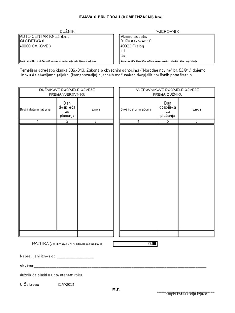 Izjava o Prijeboju Kompenzacija | PDF