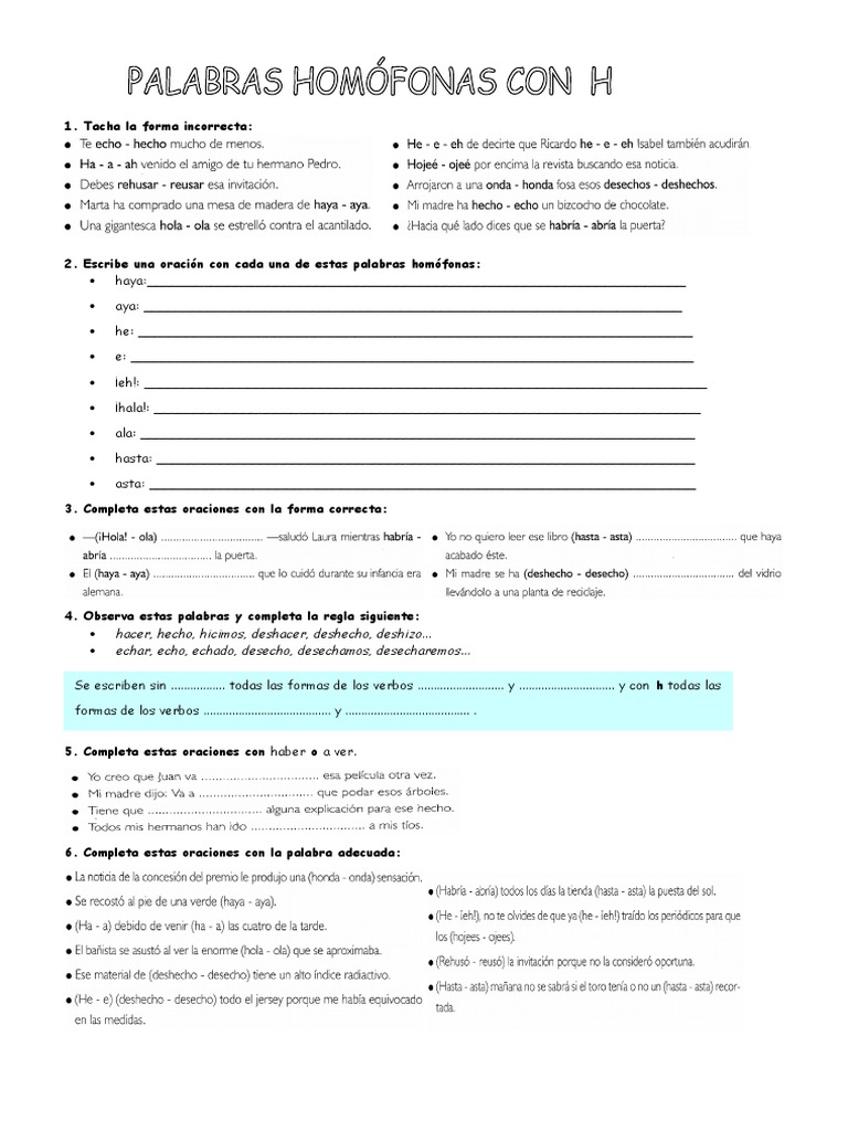 Homófonos y homógrafos: distinción de palabras con h y sin h | PDF ...