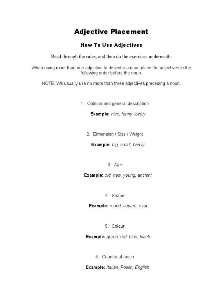 Adjective Placement | PDF | Language Arts & Discipline