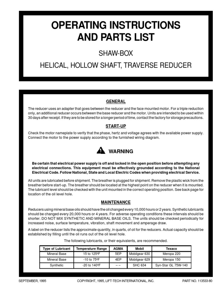 Operating Instructions and Parts List: Shaw-Box Helical, Hollow Shaft ...