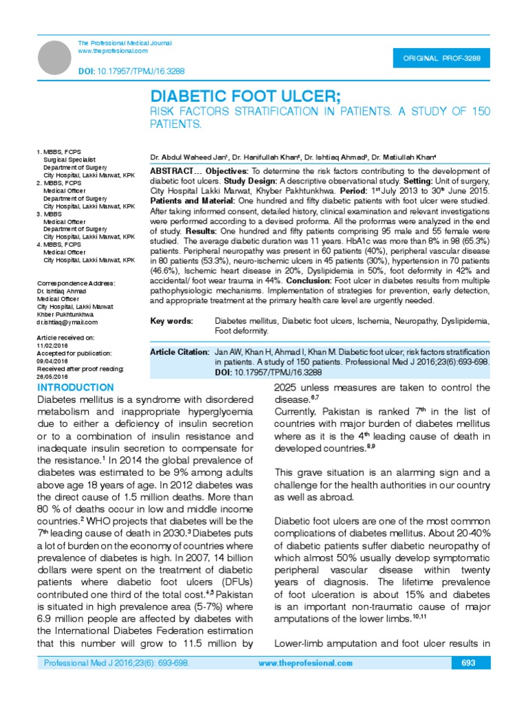 Diabetic Foot Ulcer : Risk Factors Stratification in Patients. A Study ...